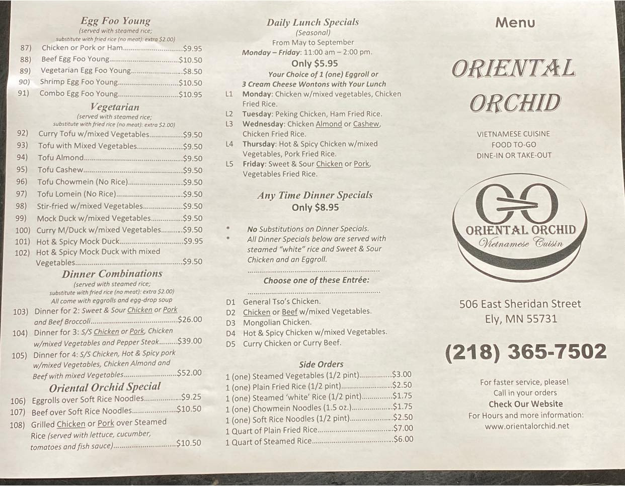 Printable Menu – Oriental Orchid